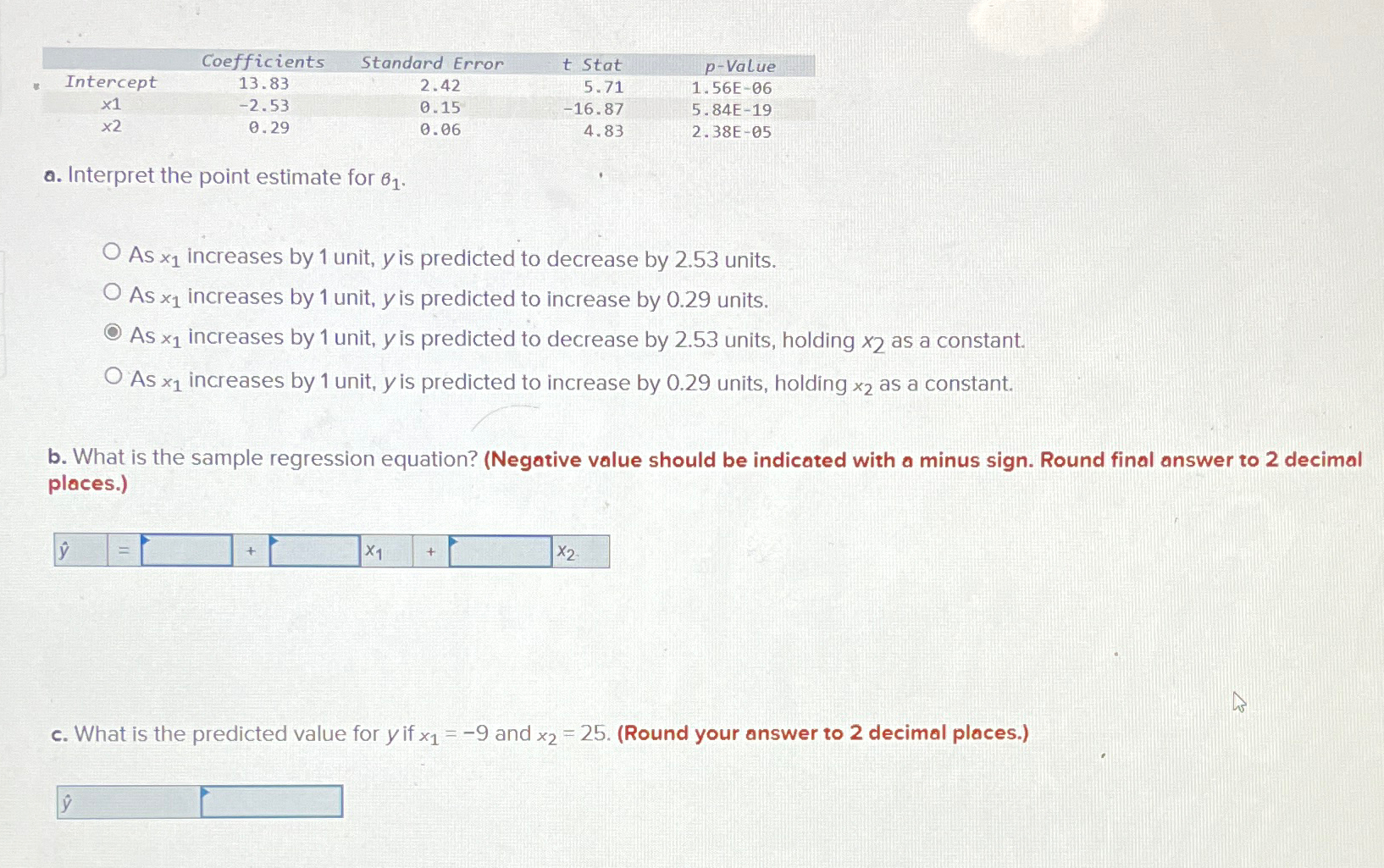 Solved \table[[,Coefficients,Standard Error,t | Chegg.com