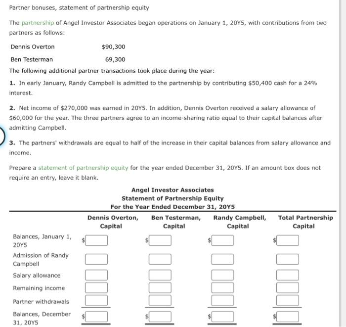 Solved Partner bonuses, statement of partnership equity The | Chegg.com
