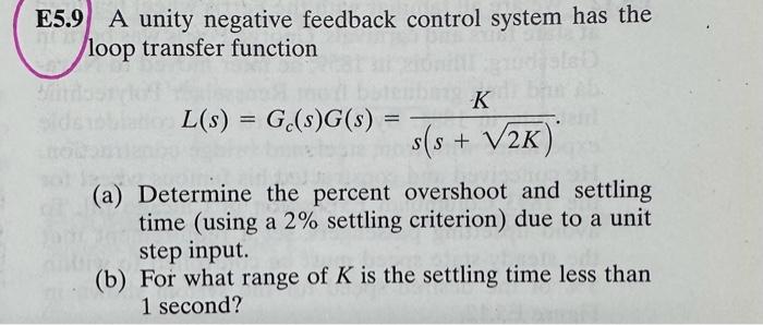 Solved E5.9 A unity negative feedback control system has the | Chegg.com
