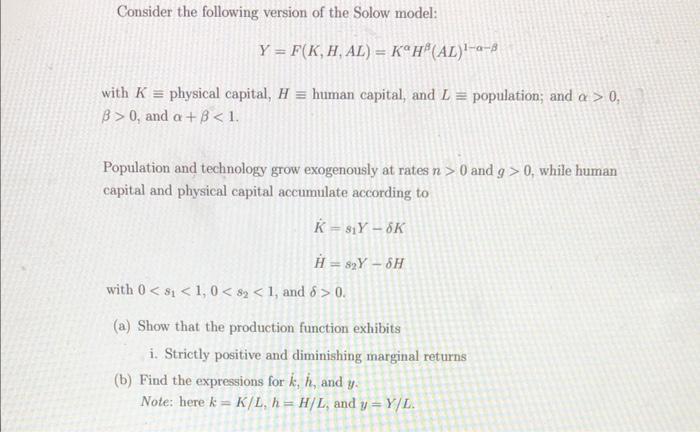 Solved Consider the following version of the Solow model: | Chegg.com