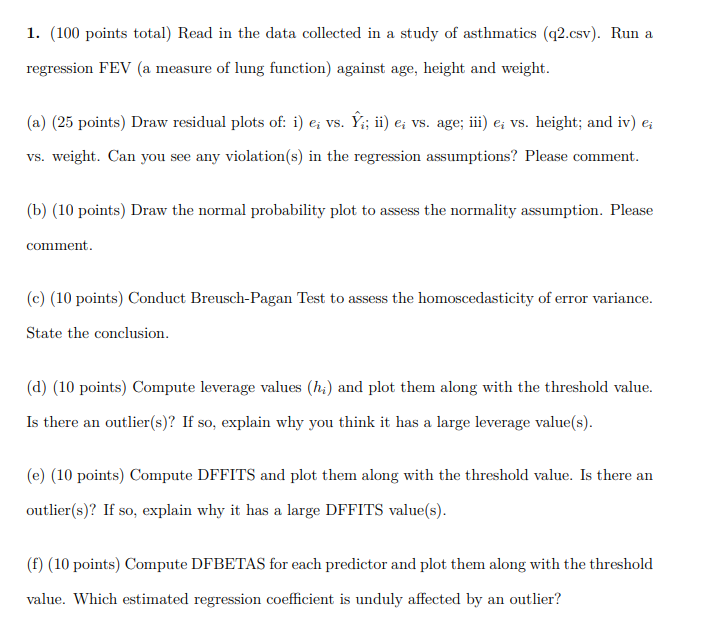 (g) (10 ﻿points) ﻿Compute Cook's Distance and plot | Chegg.com