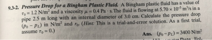 Solved 9.3-2. Pressure Drop for a Bingham Plastic Fluid. A | Chegg.com