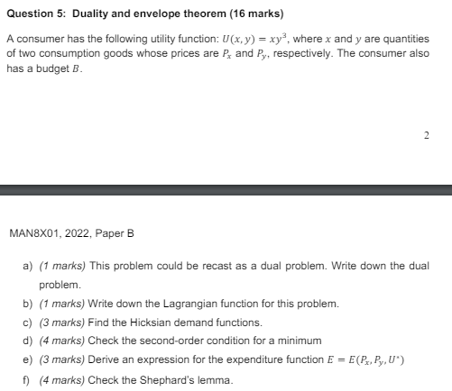 Solved Question 5: Duality and envelope theorem (16 ﻿marks)A | Chegg.com