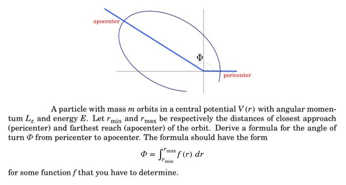 Solved apocenter Φ pericenter A particle with mass m orbits | Chegg.com