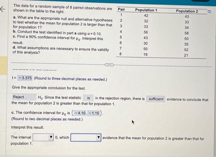 Solved The data for a random sample of 8 paired observations | Chegg.com