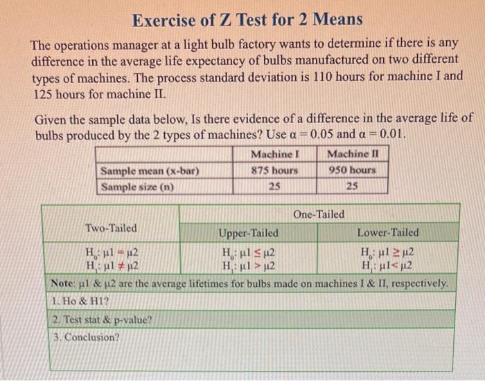 Solved Exercise of Z Test for 2 Means The operations manager | Chegg.com