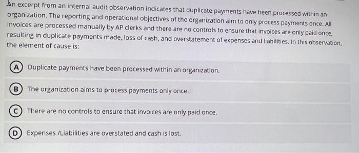 Solved An excerpt from an internal audit observation | Chegg.com