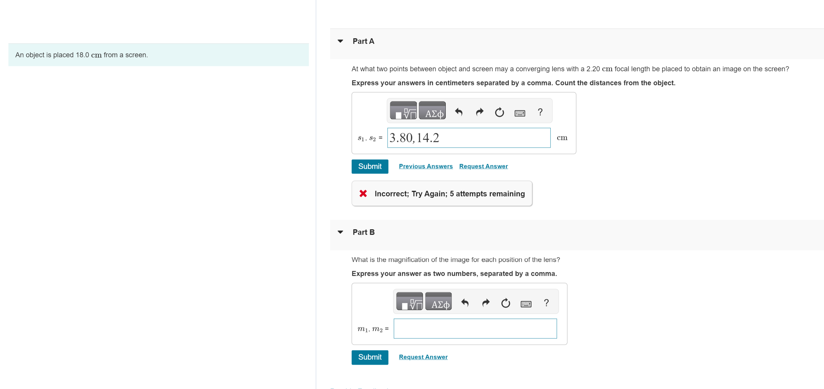 Solved An object is placed 18.0cm ﻿from a screen.Part AAt | Chegg.com