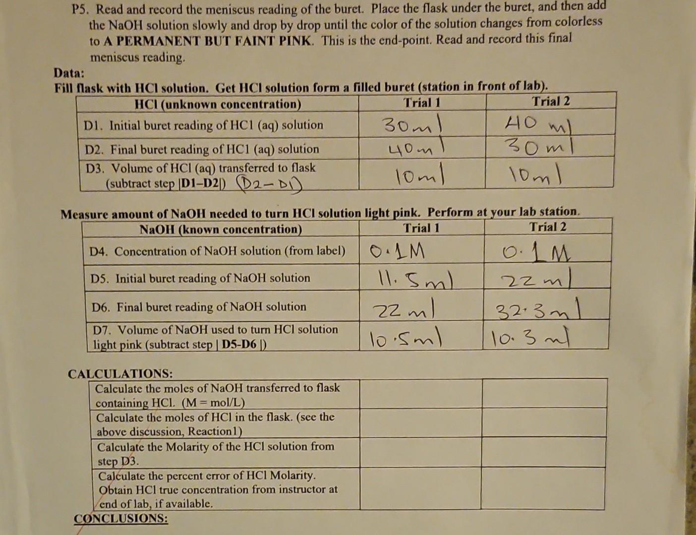 Solved P5. Read and record the meniscus reading of the | Chegg.com