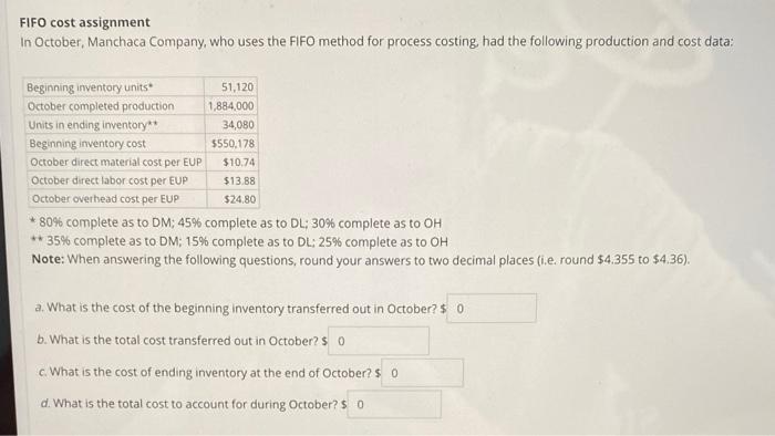 Solved FIFO cost assignment In October, Manchaca Company, | Chegg.com