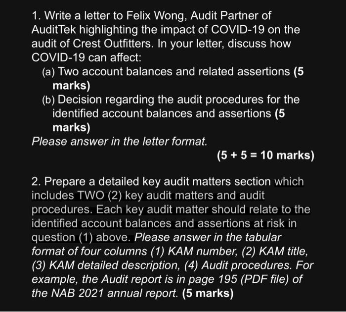 1. Write a letter to Felix Wong, Audit Partner of | Chegg.com