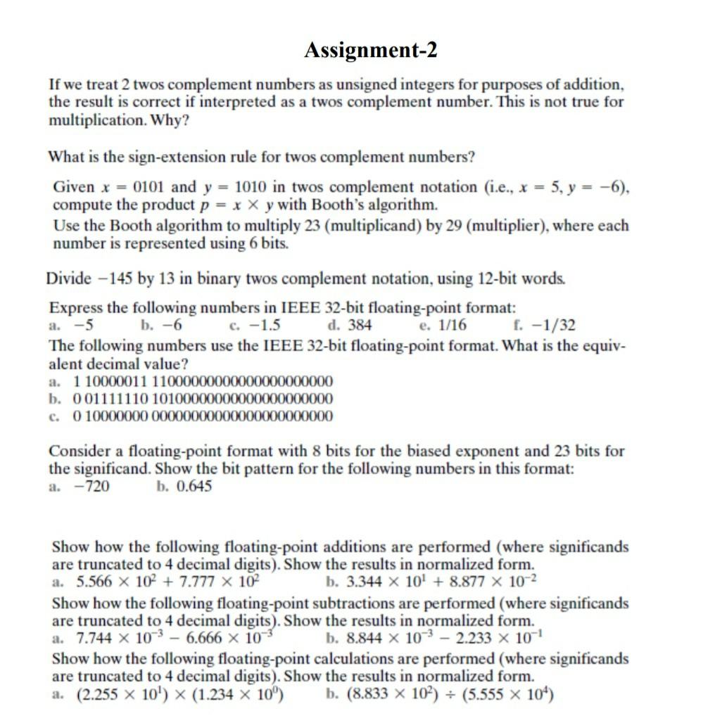 Solved Assignment 2 If We Treat 2 Twos Complement Numbers As Chegg