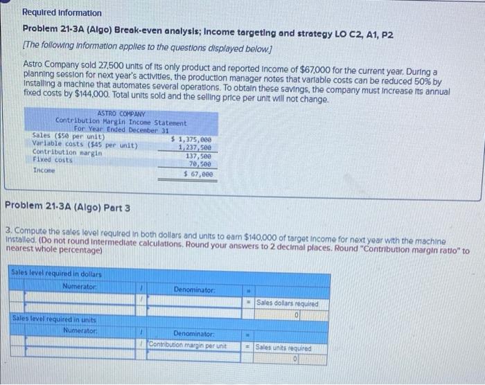 Solved Required Information Problem 21-3A (Algo) Break-even | Chegg.com