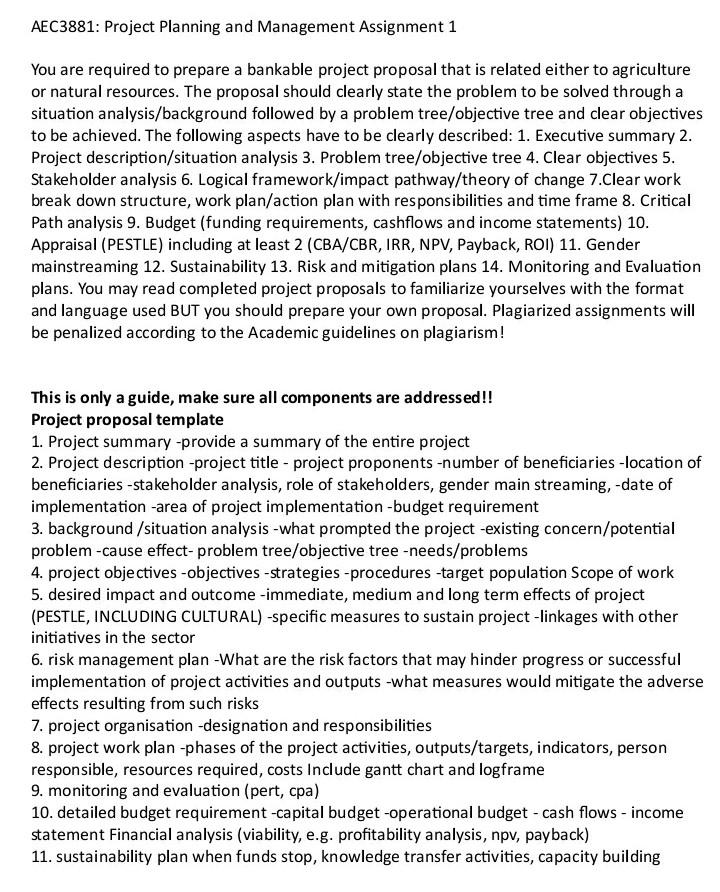 Solved AEC3881: Project Planning and Management Assignment 1 | Chegg.com