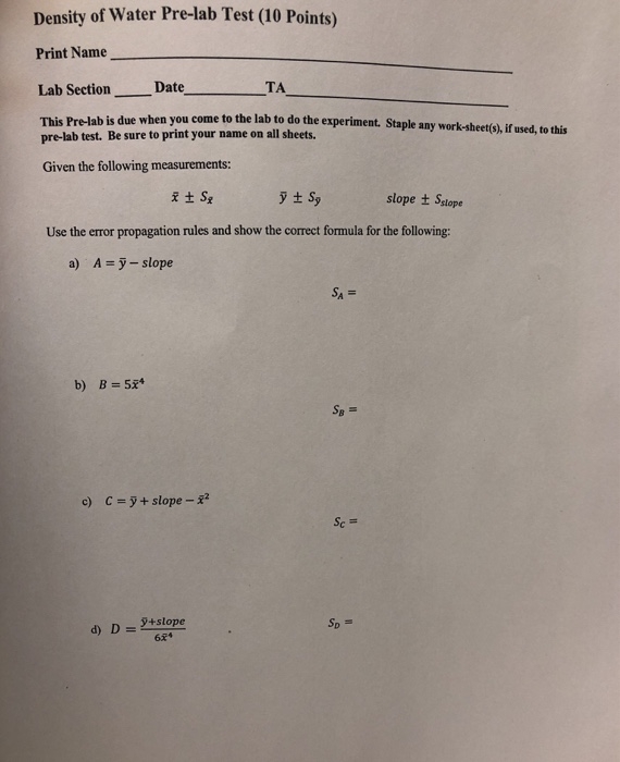 Density of Water Pre-lab Test (10 Points) Print Name | Chegg.com