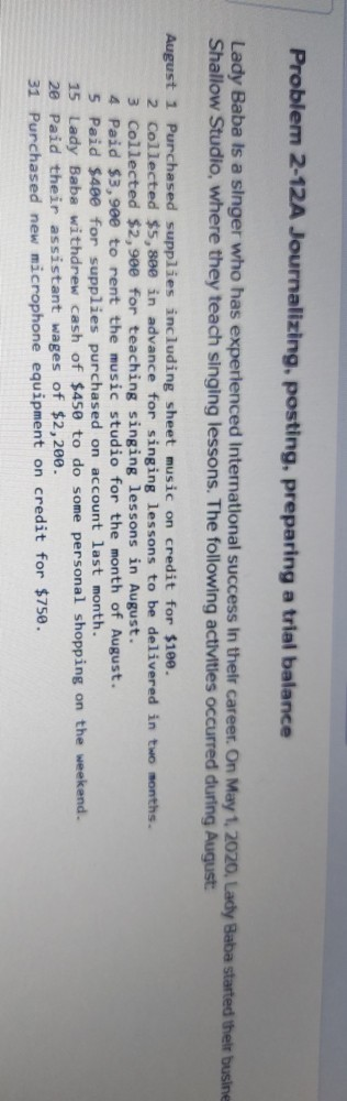 Solved Problem 2-12A Journalizing, posting, preparing a | Chegg.com