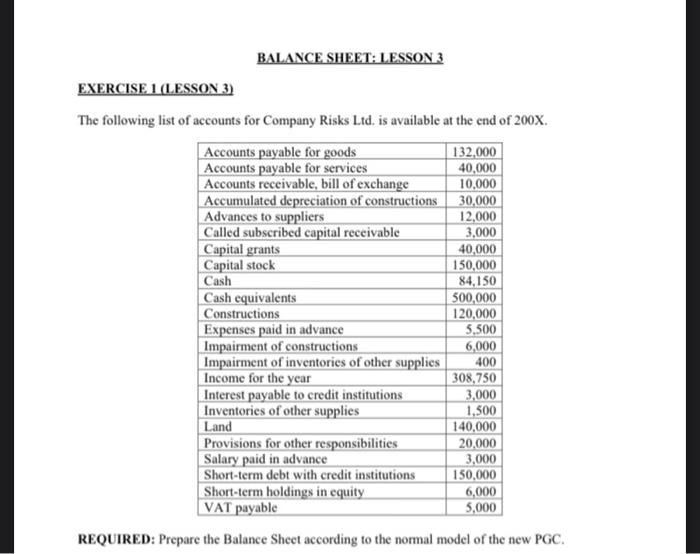 (Solved) - BALANCE SHEET: LESSON 3 EXERCISE 1 (LESSON 3) The Following ...