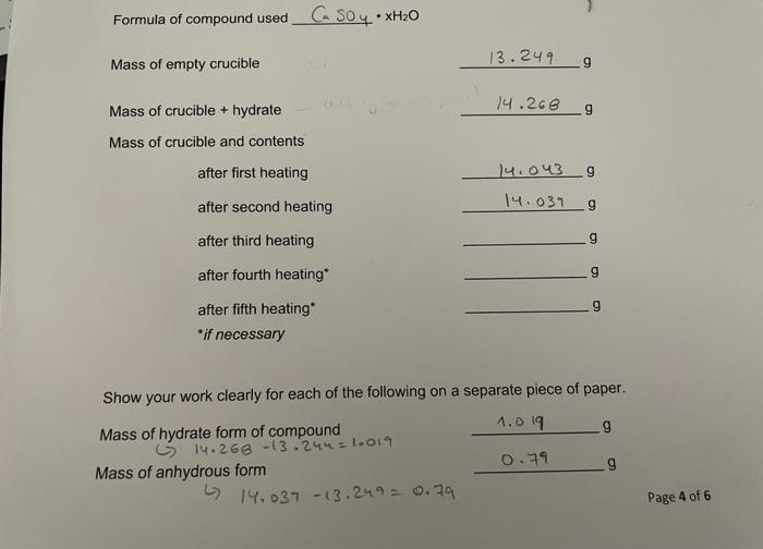 Solved CaSO4. xH2Ofind the moles of anhydrous form , moles | Chegg.com