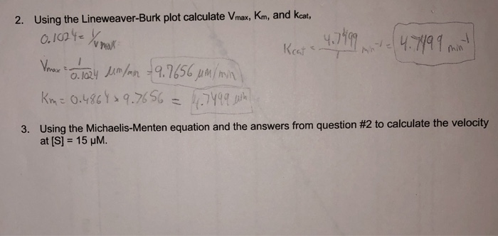 Solved 2. Using the Lineweaver-Burk plot calculate Vmax, Km, | Chegg.com