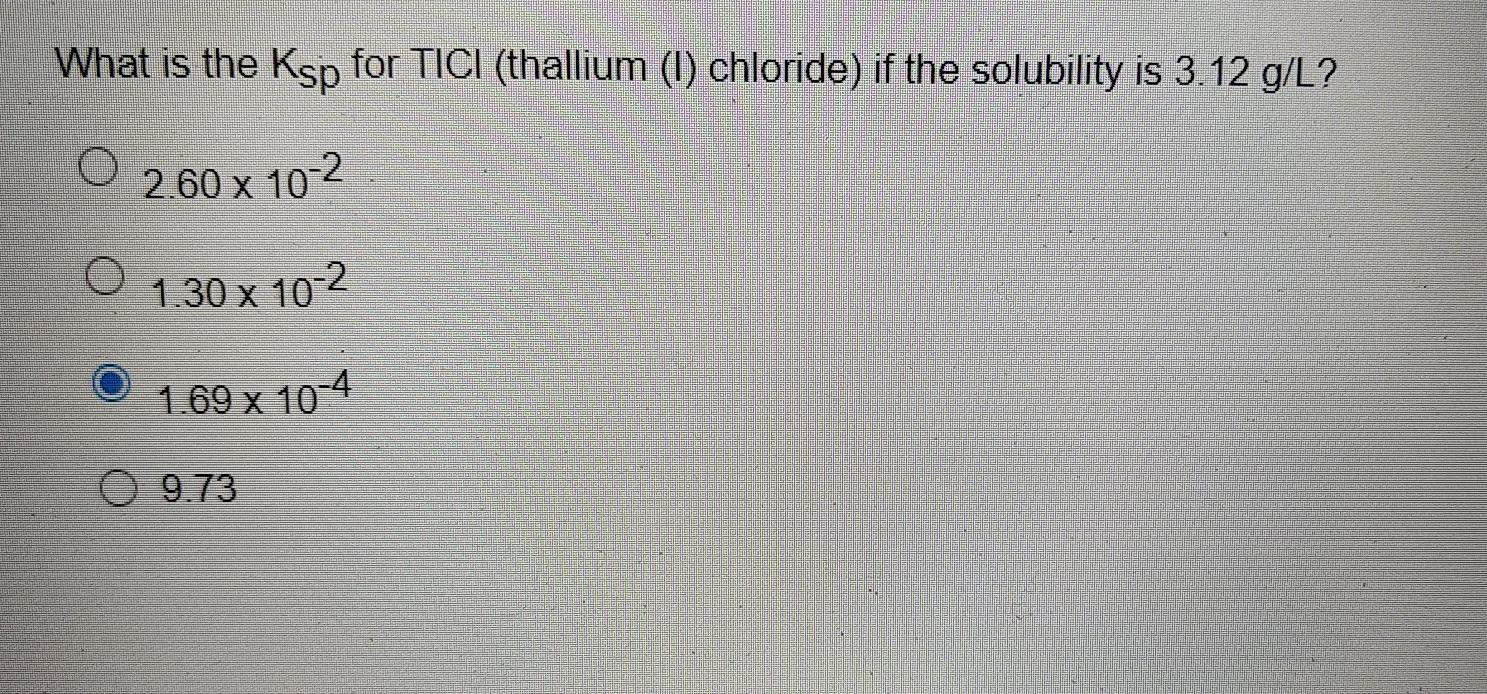 Solved What is the KsP for TICL (thallium (I) chloride) if | Chegg.com