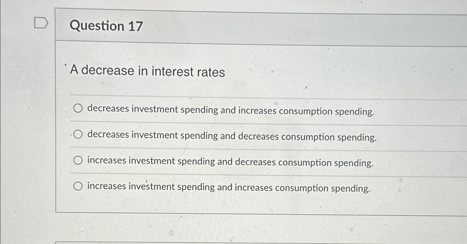Solved Question 17A decrease in interest ratesdecreases | Chegg.com