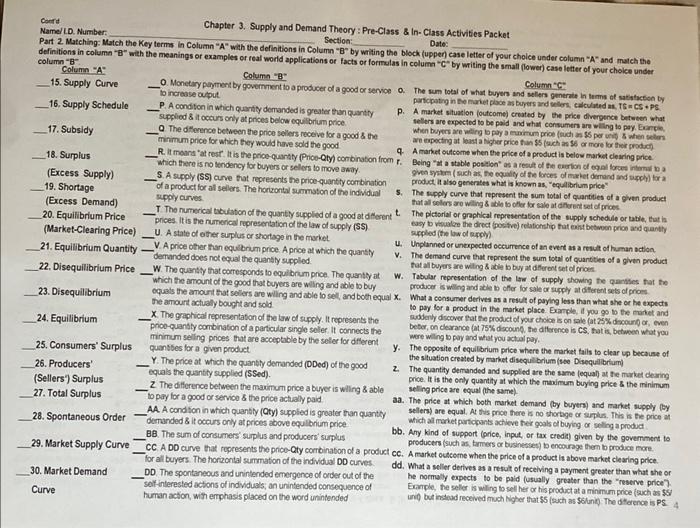 Part 2 Matching: Match the Key terms in Column "A" | Chegg.com