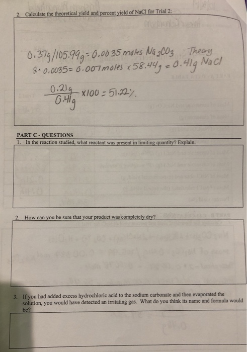 Solved 2. Calculate the theoretical yield and percent yield | Chegg.com