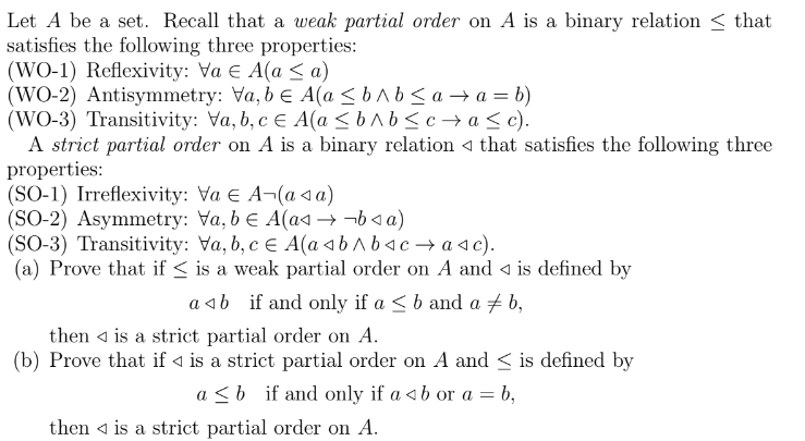 Solved Let A ﻿be a set. Recall that a weak partial order on | Chegg.com