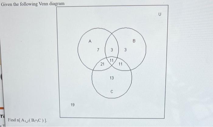 Solved Given the following Venn diagram Find n[A∪(B∩C)]. | Chegg.com