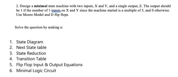 Solved 2. Design a minimal state machine with two inputs, X | Chegg.com