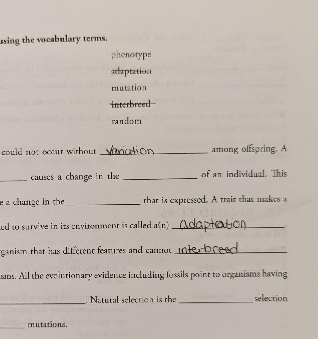 Solved using the vocabulary terms. phenotype adaptation | Chegg.com