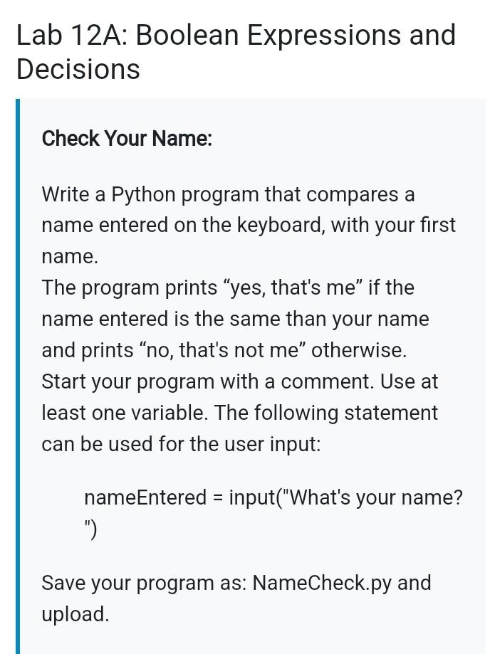 Solved Lab 12A: Boolean Expressions and Decisions Check Your | Chegg.com
