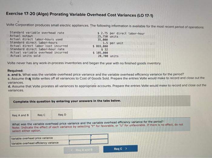 Solved Exercise 17-20 (Algo) Prorating Variable Overhead | Chegg.com