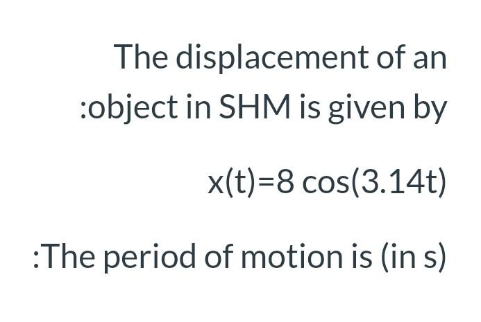 Solved The displacement of an :object in SHM is given by | Chegg.com