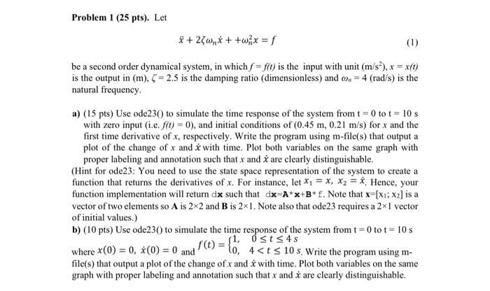 Solved Problem 1 (25 pts). Let x¨+2ζωnx˙++ωn2x=f be a second | Chegg.com