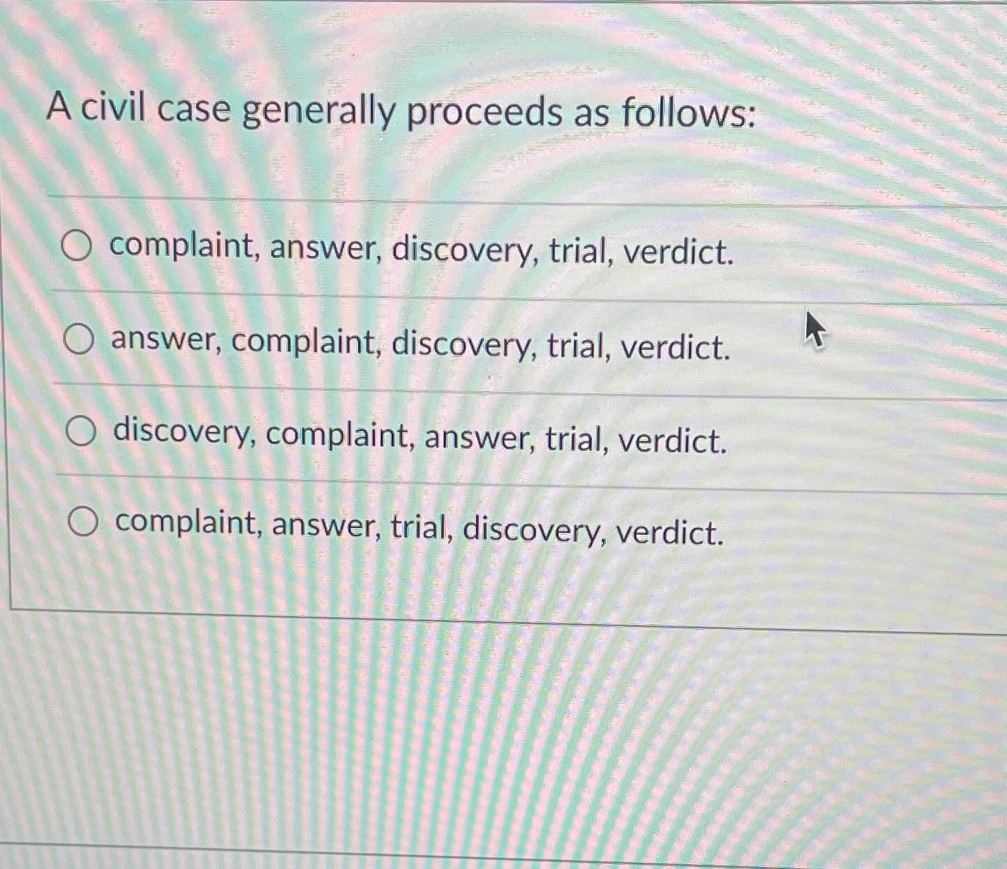 Solved A civil case generally proceeds as follows:complaint, | Chegg.com