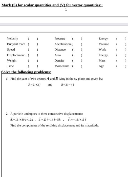 Solved Mark (S) for scalar quantities and (V) for vector | Chegg.com