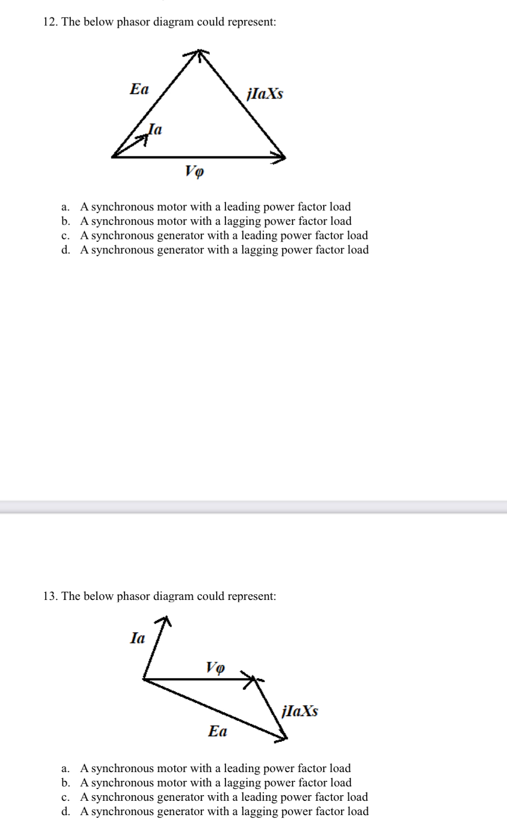 Solved The below phasor diagram could represent:a. ﻿A | Chegg.com