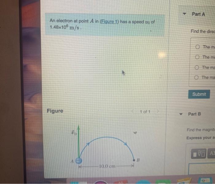 Solved An electron at point A in (Figure 1) has a speed v0 | Chegg.com