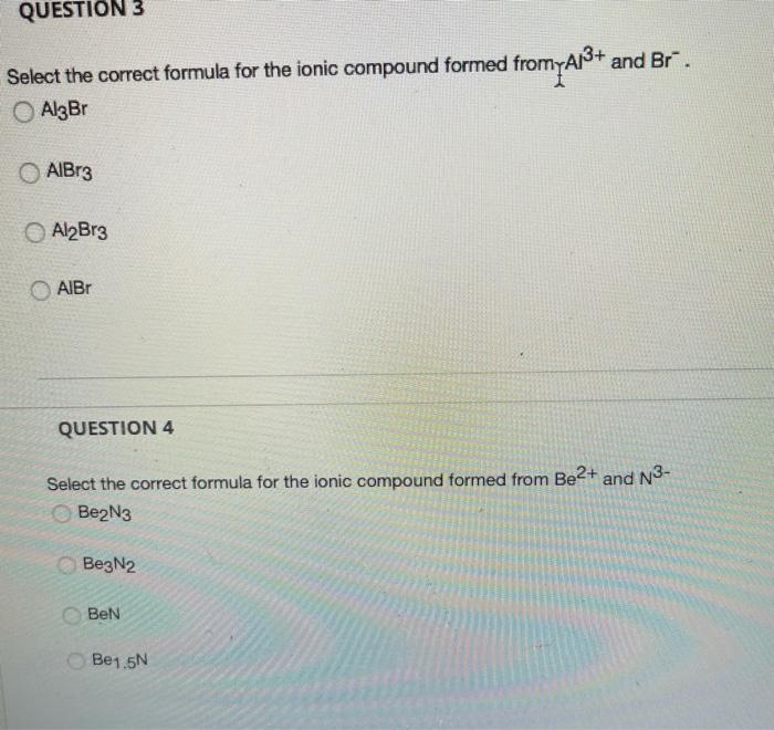 Solved QUESTION 3 Se Al3Br Select the correct formula for | Chegg.com