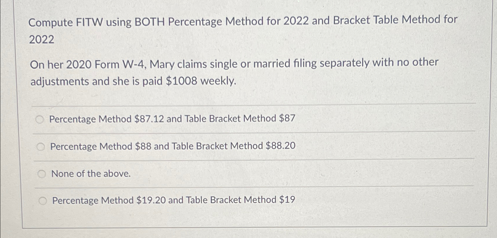 Solved Compute FITW using BOTH Percentage Method for 2022 | Chegg.com