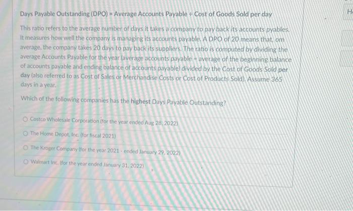 Solved Days Payable Outstanding (DPO) = Average Accounts | Chegg.com
