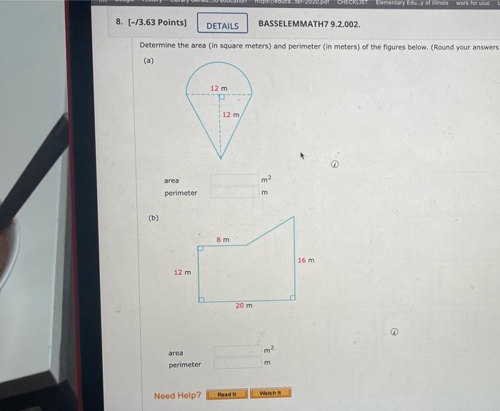 Solved Determine the area (in square meters) and perimeter | Chegg.com