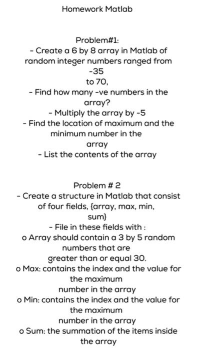 Solved Homework Matlab Problem1 Create A 6 By 8 Array In 7533