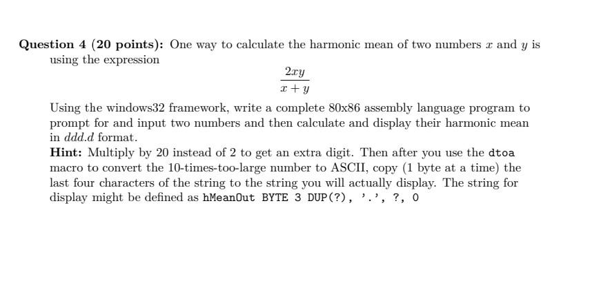 Solved Question 4 (20 points): One way to calculate the | Chegg.com