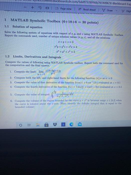 Solved 1 MATLAB Symbolic Toolbox (6+18+6 = 30 points) 1.1 | Chegg.com