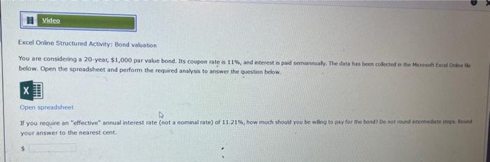 Solved Excet Online Structured Activity: Bond valuation | Chegg.com