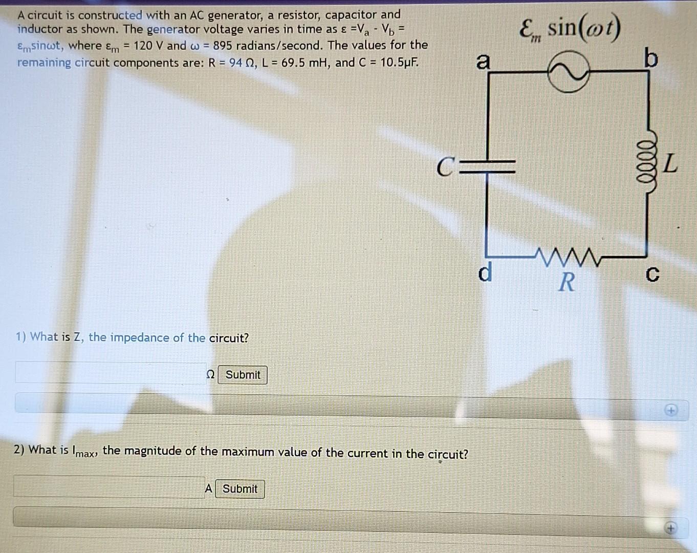 Solved A circuit is constructed with an AC generator, a | Chegg.com