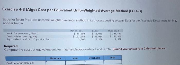 Solved Exercise 4-3 (Algo) Cost per Equivalent | Chegg.com