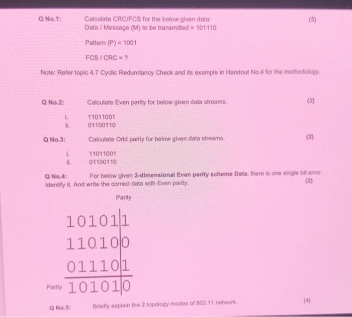 Solved Q No.1: (5) Calculate CRC/FCS for the below given | Chegg.com